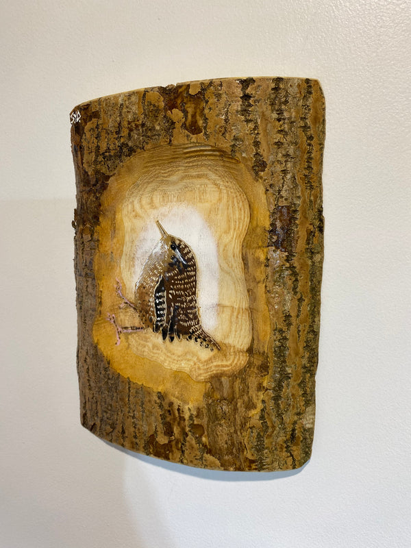 Log Art Wren - Ash Wood - 19 x 24cm - The Stencil Shed